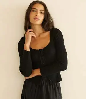 DÔEN Lori Pointelle Button-up Tee - Black