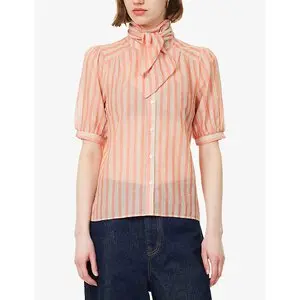 ME+EM Tie-neck Striped Cotton Top - Orange Multi