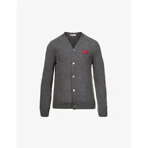 Play Comme Des Garcon Logo-embroidered V-neck Wool Cardigan - Grey