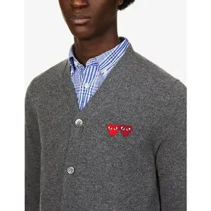 Play Comme Des Garcon Logo-embroidered V-neck Wool Cardigan - Grey