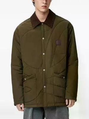 Loewe Quilted Coat With Corduroy Collar And Logo Patch - Green