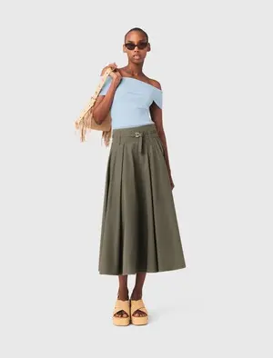 Maje Pleated Maxi Skirt With Buckled Belt - Khaki