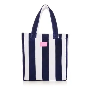Aqua Striped Terry Beach Tote - Navy