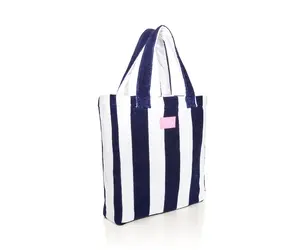 Aqua Striped Terry Beach Tote - Navy
