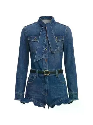 SELF-PORTRAIT Pussy-bow Ruffled Playsuit - Blue