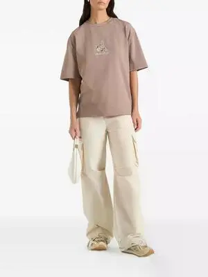 Manière De Voir Maniere De Voir Taupe Cotton T-shirt With Embroidered Eiffel Tower And Floral Motifs - Neutrals