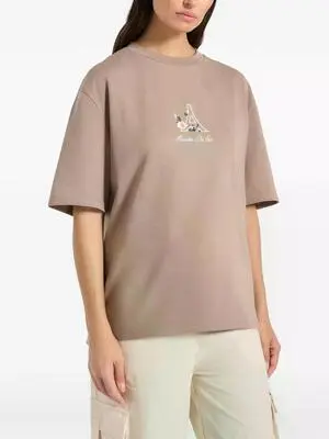 Manière De Voir Maniere De Voir Taupe Cotton T-shirt With Embroidered Eiffel Tower And Floral Motifs - Neutrals