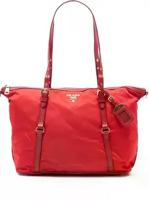 Prada Saffiano Trimmed Tessuto Zip Top Convertible Tote Satchel - Red