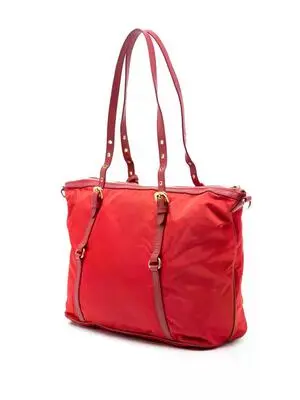 Prada Saffiano Trimmed Tessuto Zip Top Convertible Tote Satchel - Red