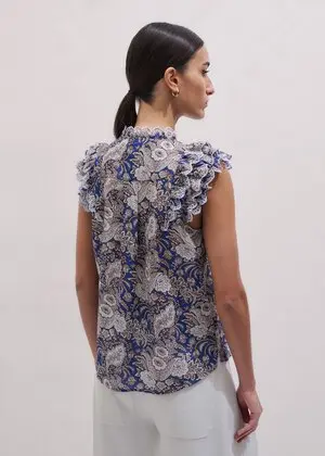 ME+EM Botanical Print Ruffle Blouse - Blue Multi