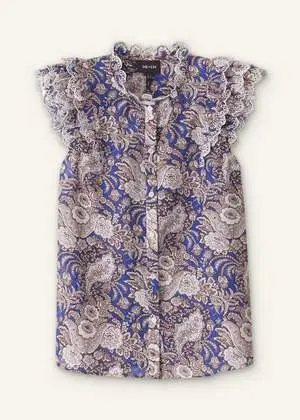 ME+EM Botanical Print Ruffle Blouse - Blue Multi