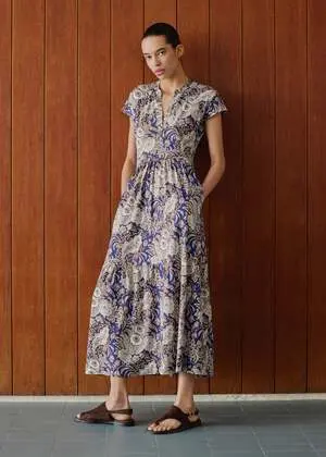 ME+EM Botanical Print Tiered Maxi Slub Dress - Blue Multi