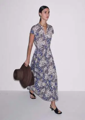 ME+EM Botanical Print Tiered Maxi Slub Dress - Blue Multi