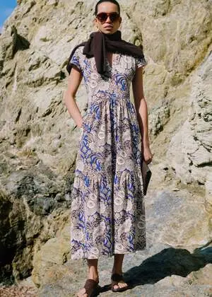 ME+EM Botanical Print Tiered Maxi Slub Dress - Blue Multi