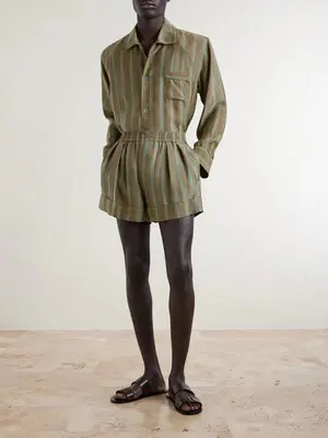 Saint Laurent Wide-leg Striped Recycled-twill Shorts - Green
