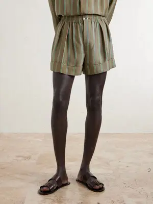 Saint Laurent Wide-leg Striped Recycled-twill Shorts - Green