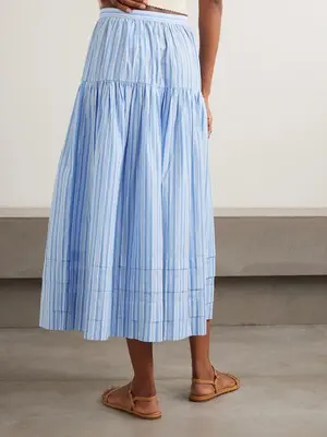 DÔEN Marceline Tiered Striped Organic Cotton Midi Skirt - Blue