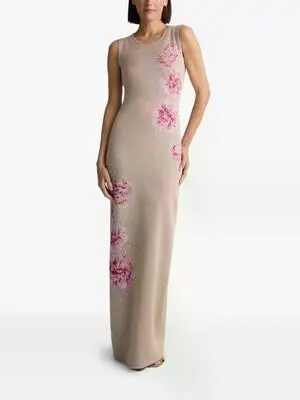 St. John Gianna Metallic Floral Jacquard Knit Dress - Neutrals