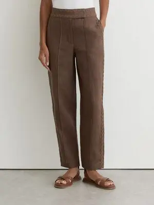 REISS Tapered Linen Trousers With Wave Trim - Brown