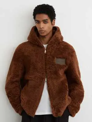 REISS Racing Shearling Hooded Jacket - Brown