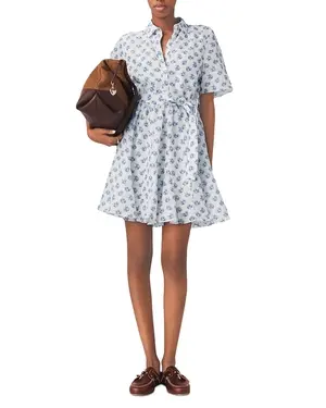 Maje Short Sleeve Printed Linen-blend Shirt Dress - Blue Small