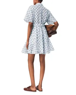 Maje Short Sleeve Printed Linen-blend Shirt Dress - Blue Small