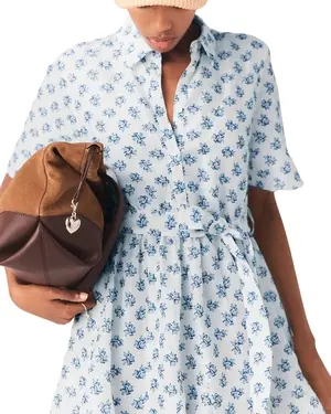 Maje Short Sleeve Printed Linen-blend Shirt Dress - Blue Small