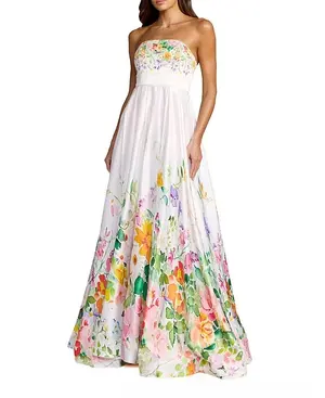 Mac Duggal Floral Print Strapless A-line Gown - Ivory Multi