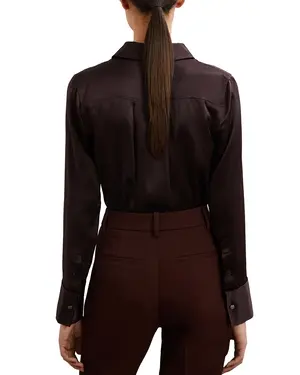REISS Ameira Silk Satin Shirt - Burgundy