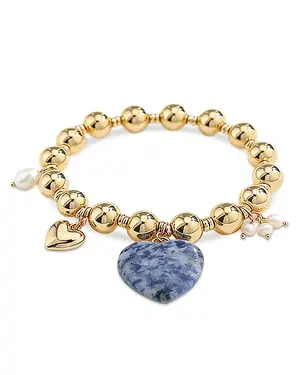 Aqua Beaded Stretch Bracelet With Heart Charm - Gold