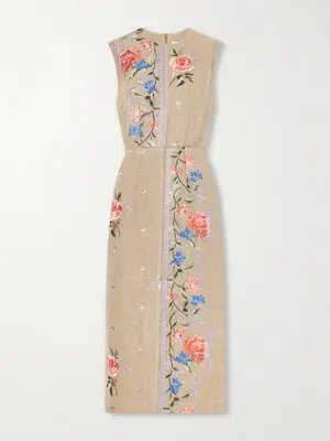 Erdem Embroidered Linen-canvas Midi Dress