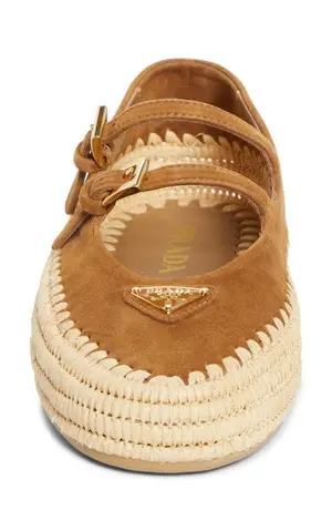 Prada Raffia Mary Jane Flats - Brown