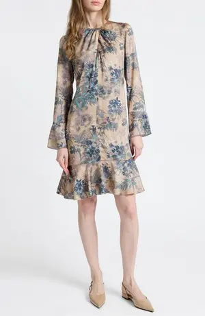 Santorelli Drake Long Sleeve Ruffled Skirt Shift Dress - Dune