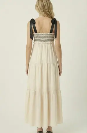 MODENAIRE Smocked Lace-trim Maxi Dress