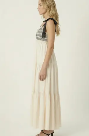 MODENAIRE Smocked Lace-trim Maxi Dress