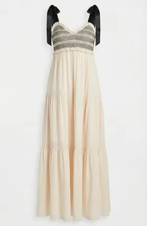 MODENAIRE Smocked Lace-trim Maxi Dress