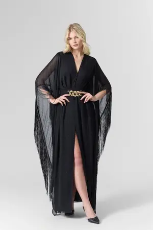 LE FAFO Luna Fringe Belted Gown Dress