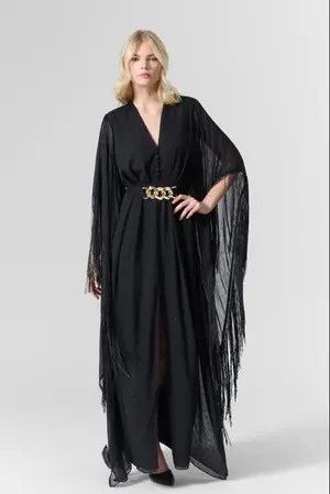 LE FAFO Luna Fringe Belted Gown Dress