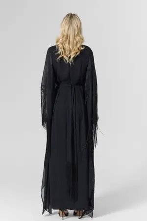 LE FAFO Luna Fringe Belted Gown Dress