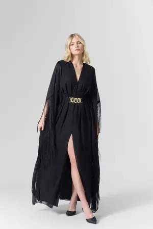 LE FAFO Luna Fringe Belted Gown Dress