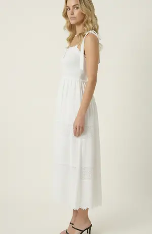 MODENAIRE Smocked Lace Eyelet Maxi Dress - White