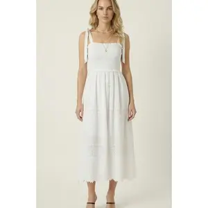 MODENAIRE Smocked Lace Eyelet Maxi Dress - White