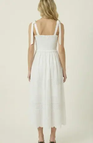 MODENAIRE Smocked Lace Eyelet Maxi Dress - White