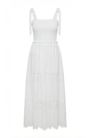 MODENAIRE Smocked Lace Eyelet Maxi Dress - White