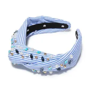 Lele Sadoughi Marlene Embellished Seersucker Headband - Blue
