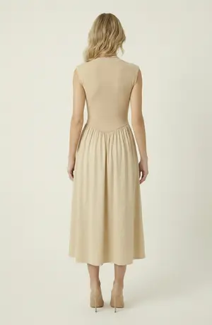 MODENAIRE Cap Sleeve Knit Midi Dress With Flowy Skirt - Beige