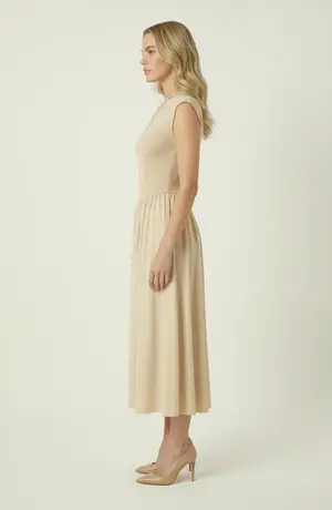 MODENAIRE Cap Sleeve Knit Midi Dress With Flowy Skirt - Beige