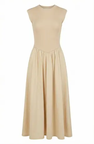 MODENAIRE Cap Sleeve Knit Midi Dress With Flowy Skirt - Beige