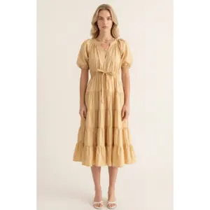 MODENAIRE Tiered Puff Sleeve Midi Dress - Sand