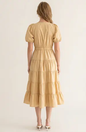 MODENAIRE Tiered Puff Sleeve Midi Dress